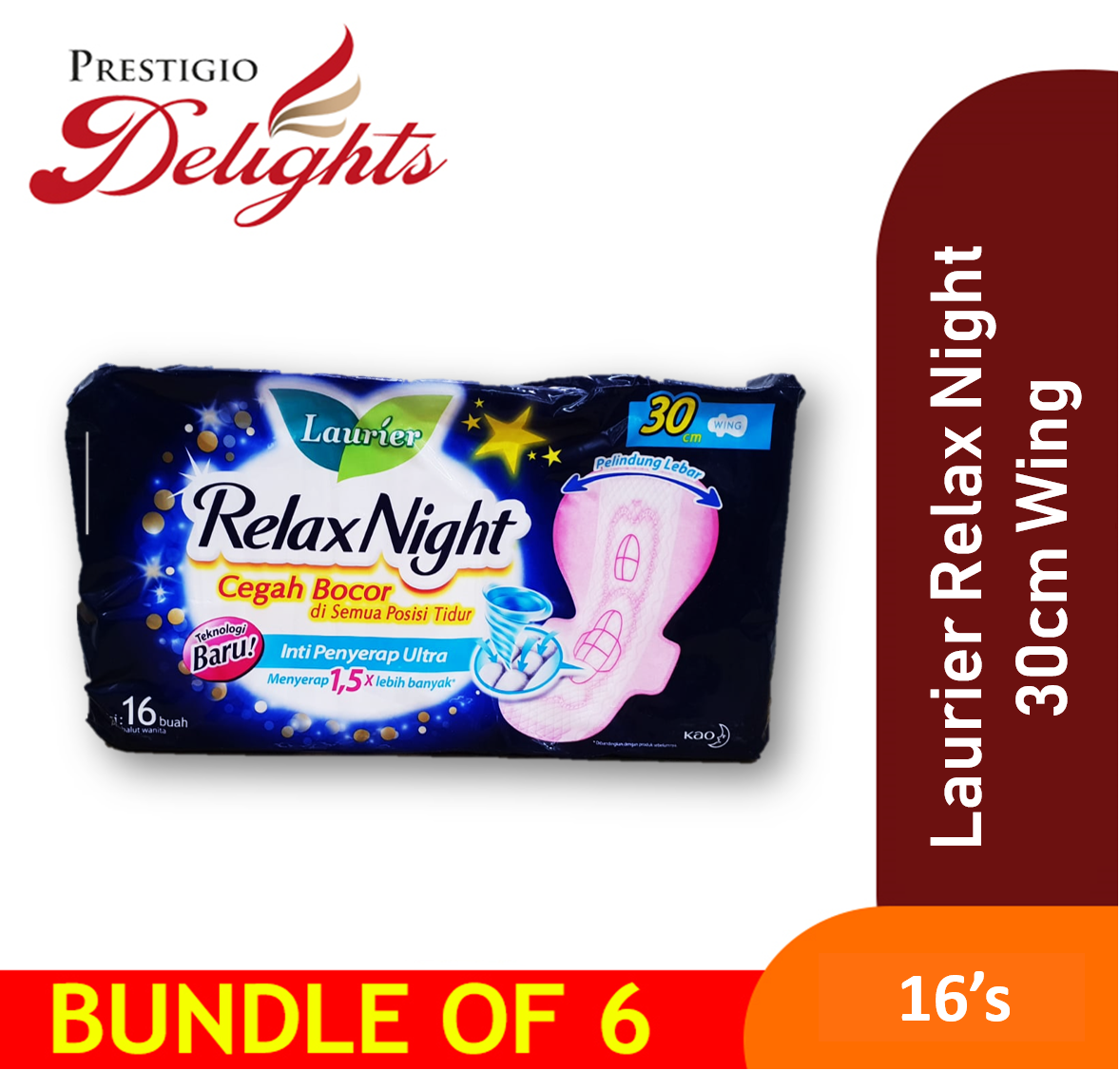 Buy Laurier Relax Night 30cm Wing 16s Bundle of 6 on ezbuy SG