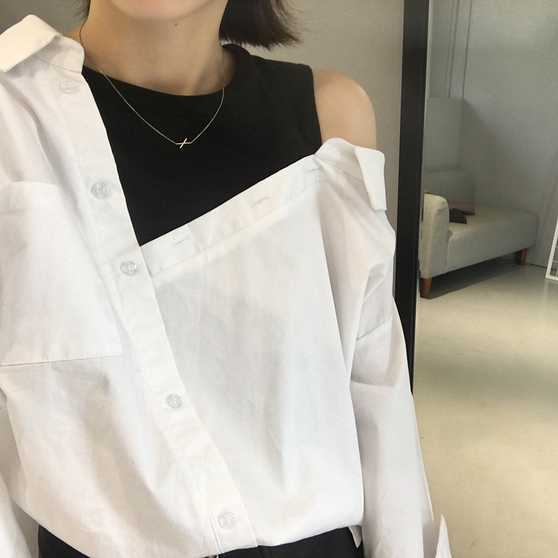 Buy Lazy feeling irregular off-the-shoulder false two sets loose long ...