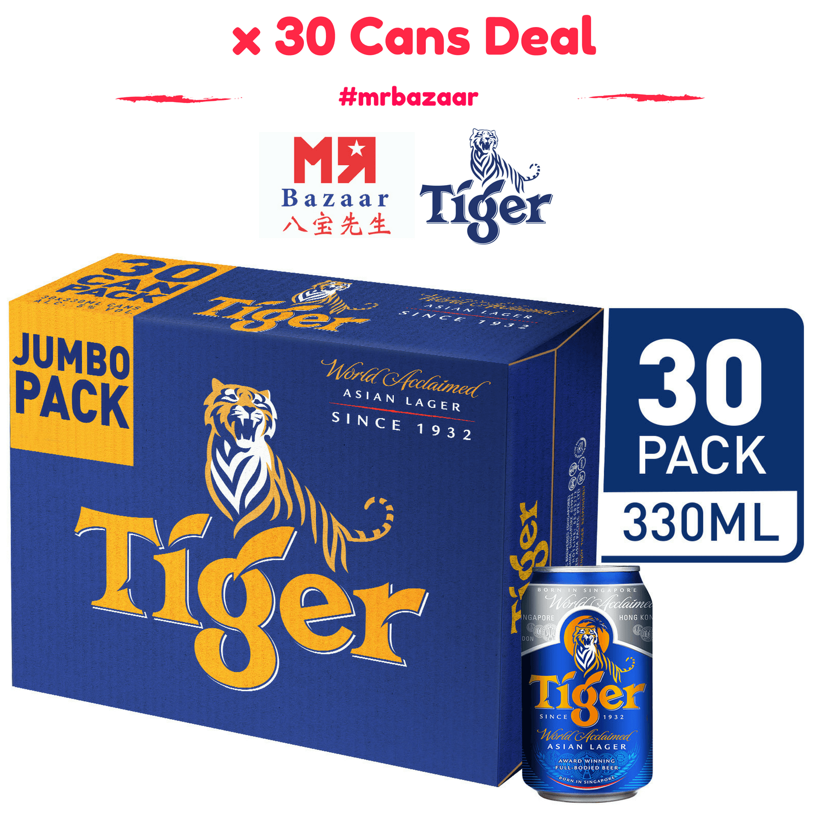 Buy Tiger Lager Beer Jumbo Pack 330ml x 30 Cans on ezbuy SG