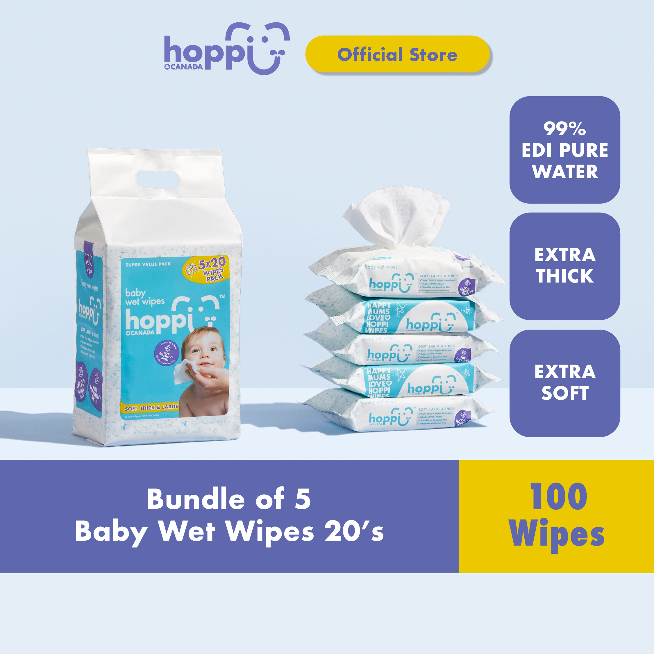 Buy Hoppi Premium 99% Water Baby Wet Wipes - 20 Wipes x 5 Packs on ezbuy SG