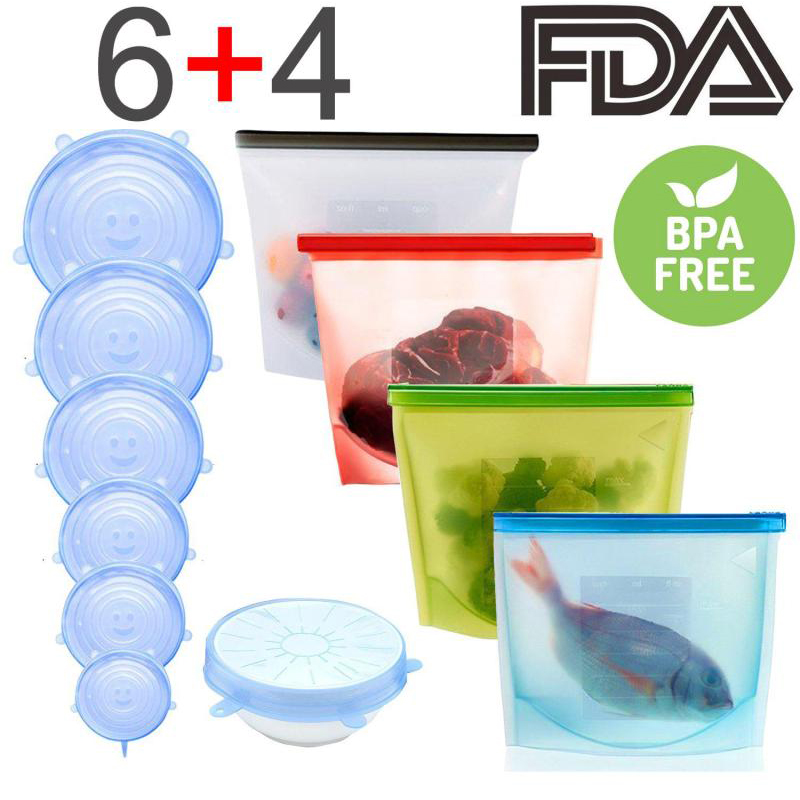 Buy 【Set of 10】Reusable Food Storage Kit，4 Silicone Food Storage Bag ...