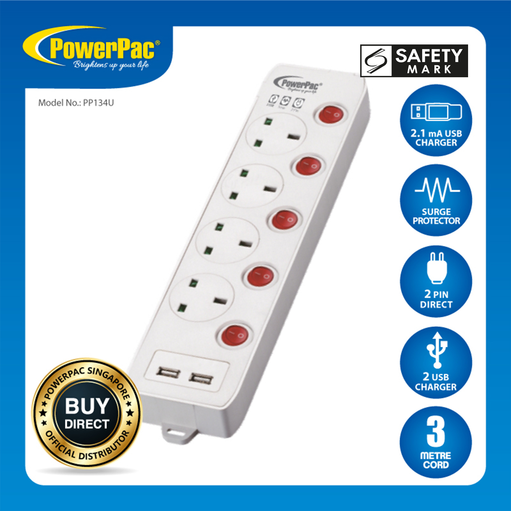 Buy PowerPac Extension Socket, Extension Cord 4 Way 3M with Dual USB ...