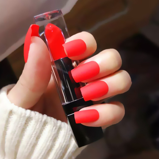 Buy Fake nail red long flat head scrub nail piece fake nail finished ...